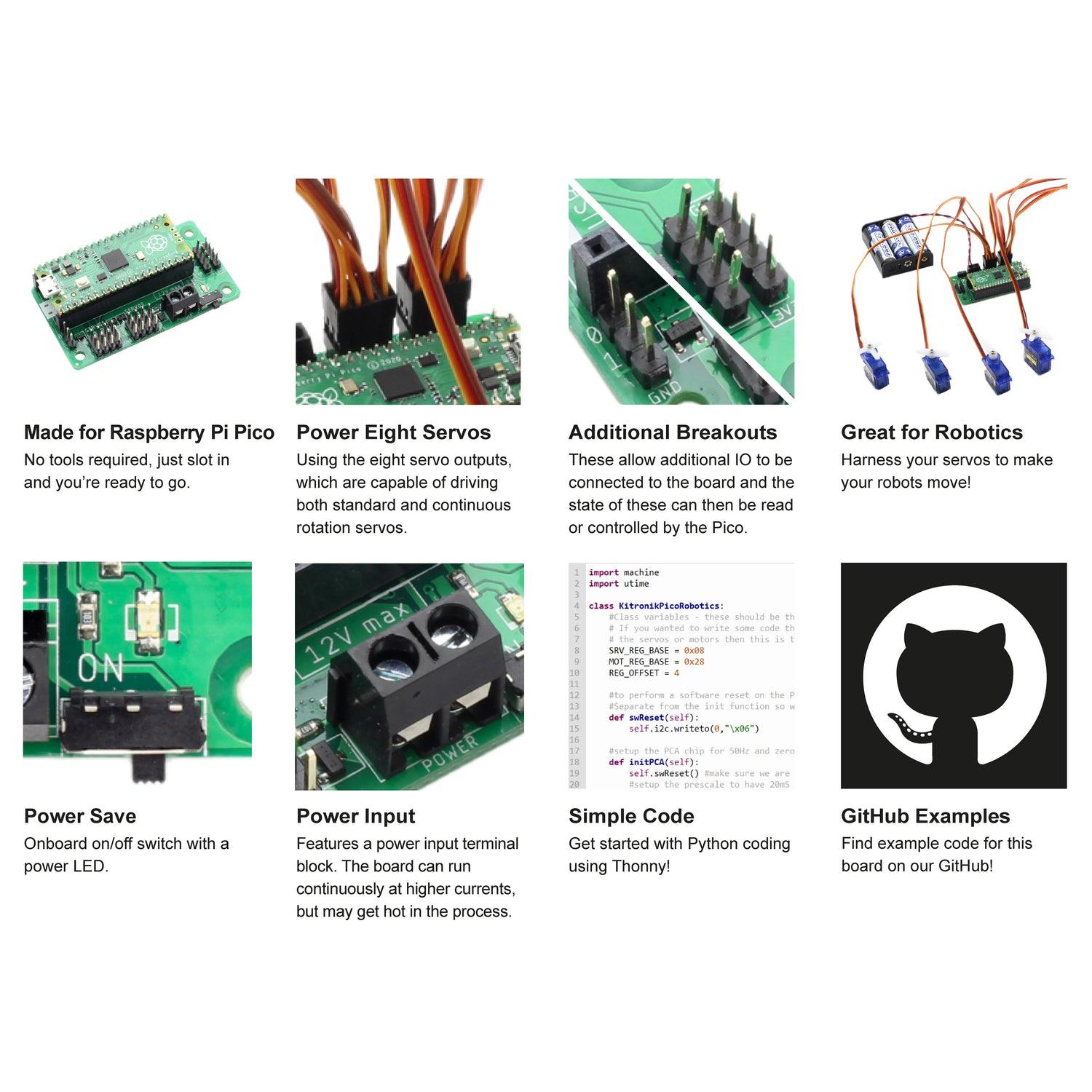 Kitronik Simply Servos Board for Raspberry Pi Pico